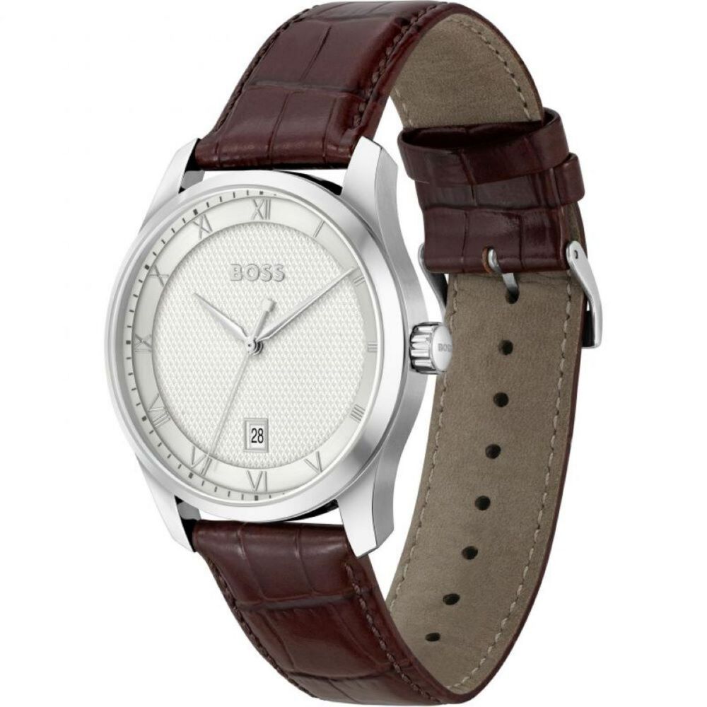 BOSS Principle 41mm Silver Dial Brown Leather Strap Watch