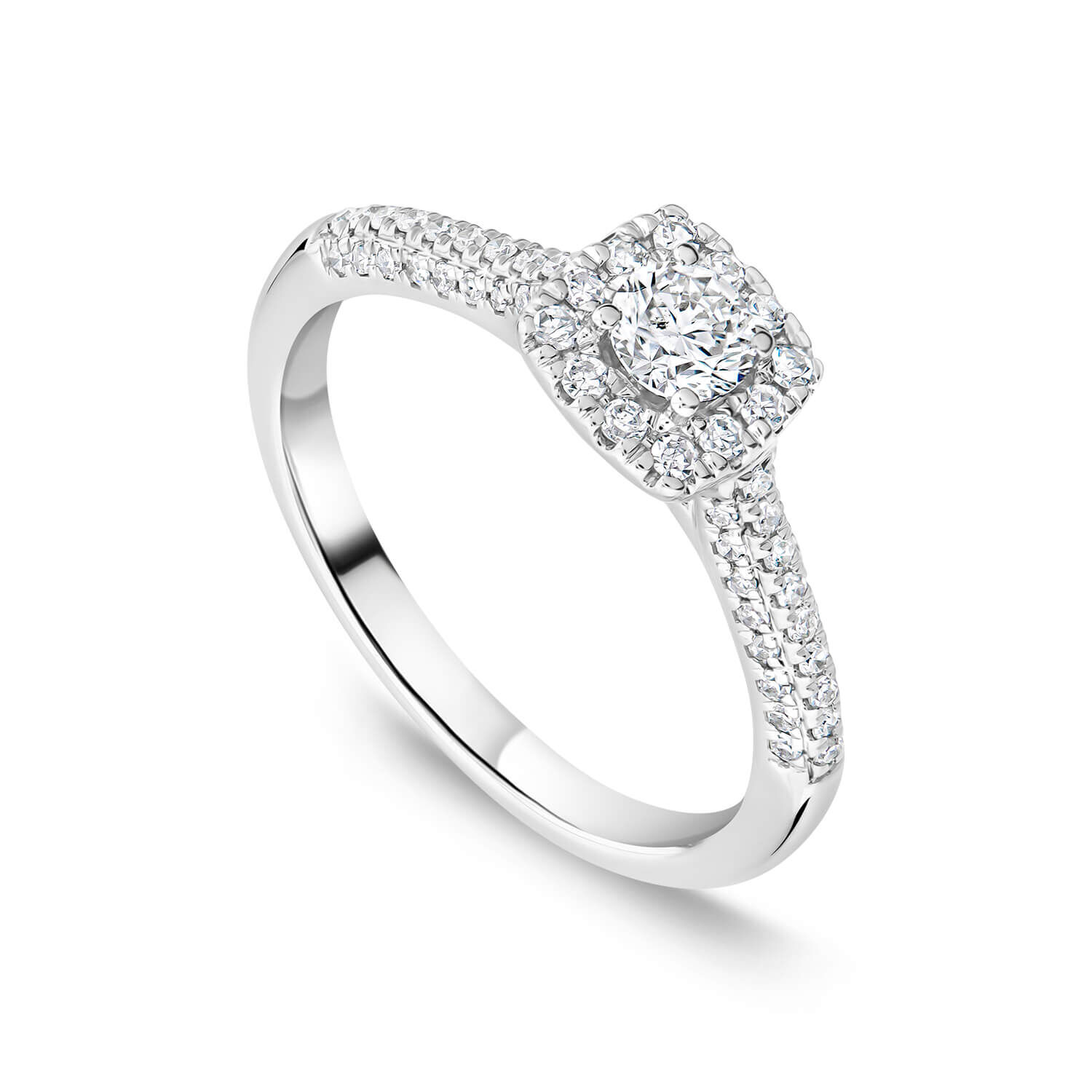 18ct White Gold 0.50ct Round Brilliant Centre Square Cluster Shoulders Diamond Ring