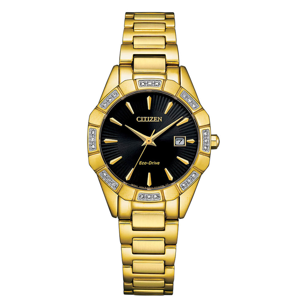 Citizen Eco Drive 28mm Black Dial Yellow Gold Case Watch